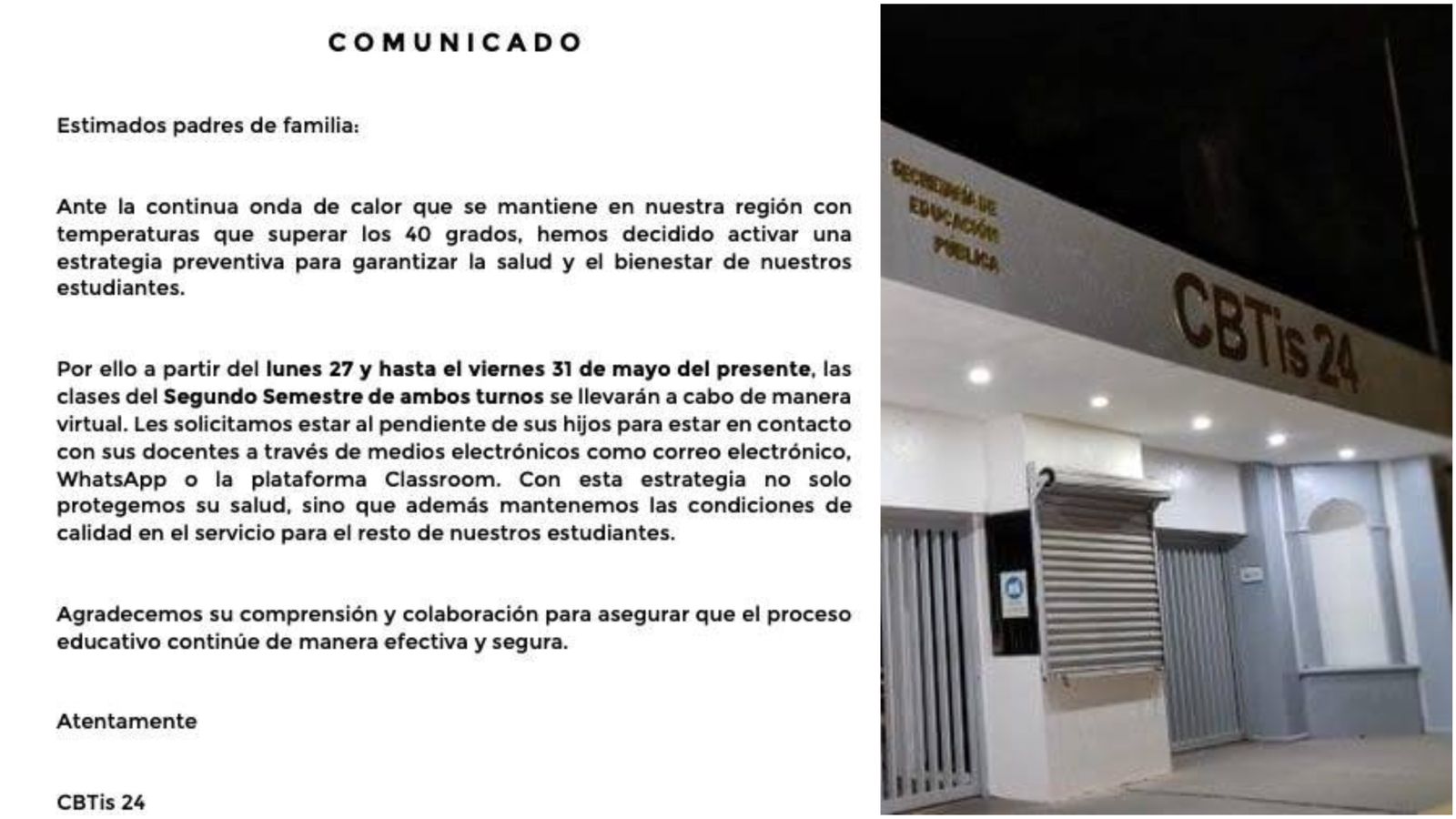 Ante onda de calor, suspende CBTIS 24 clases presenciales - Bentus